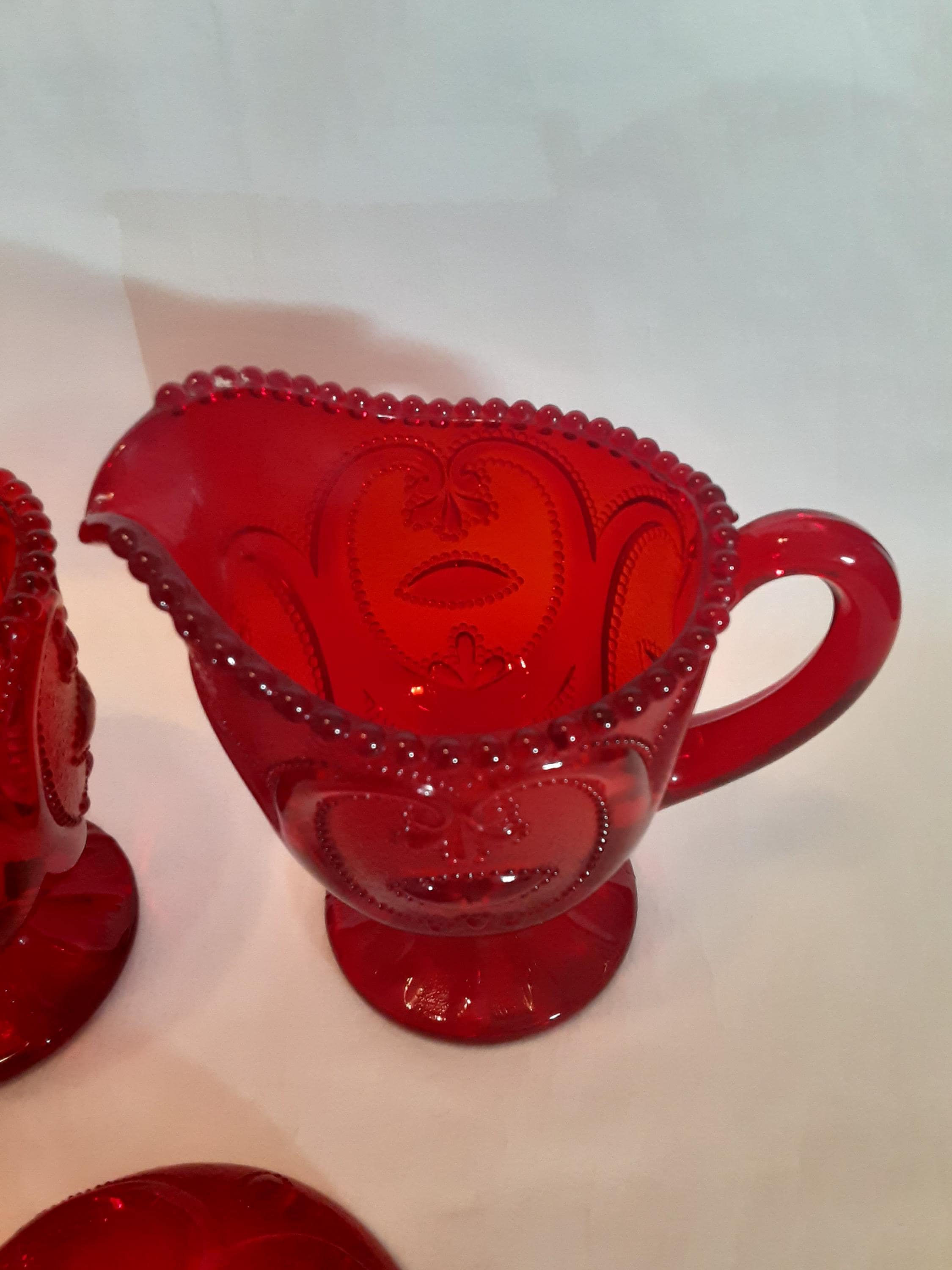 Mosser Glass Bright Ruby Red Cream & Sugar Service. Ornate Sweetheart ...