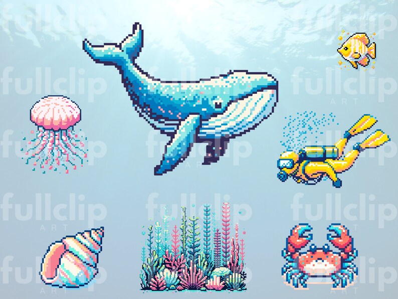 Pixel Ocean World Clipart Bundle, Ocean Pixel Art, Fish SVG, Shark PNG ...
