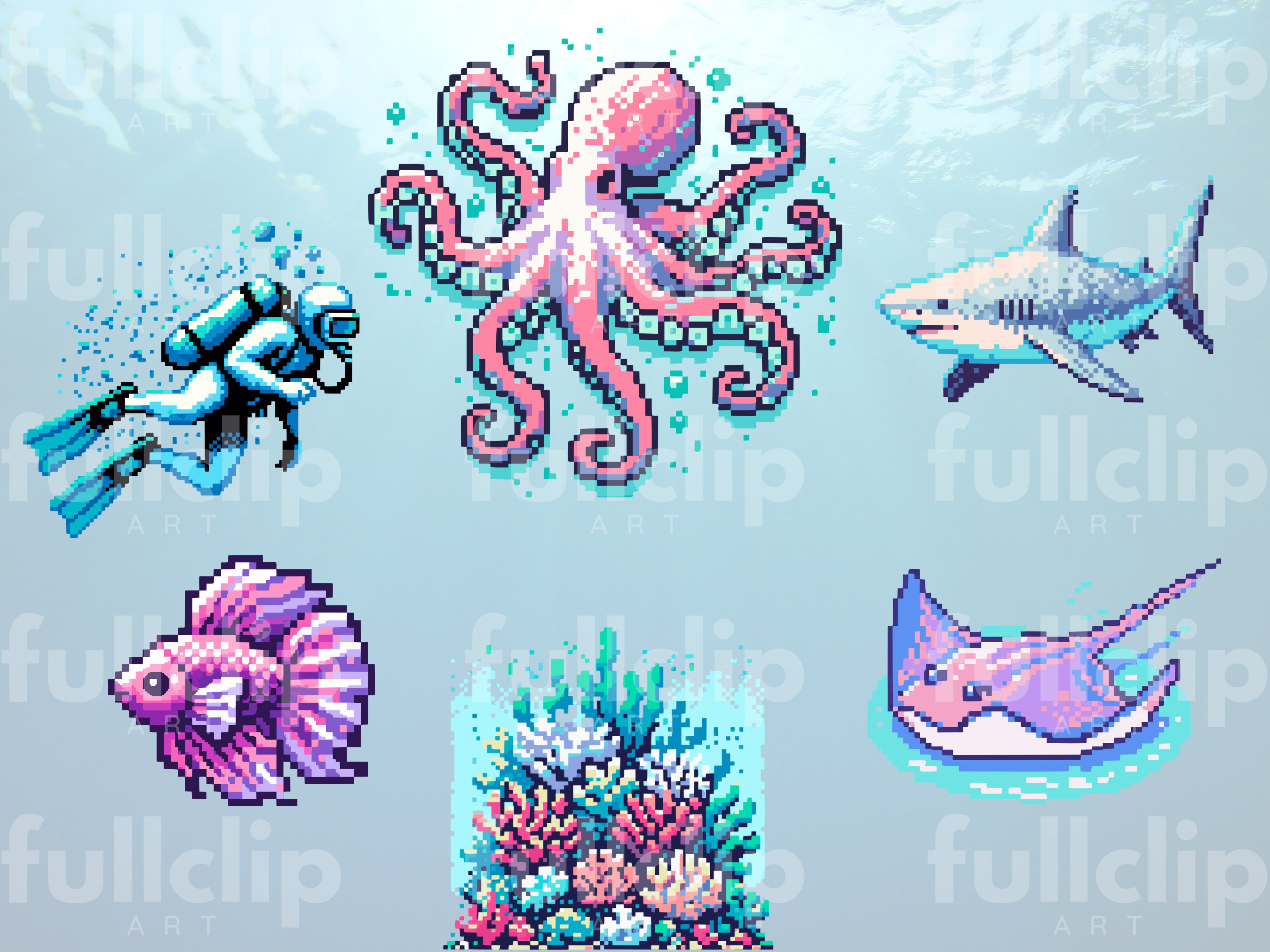 Pixel Ocean World Clipart Bundle, Ocean Pixel Art, Fish SVG, Shark PNG ...