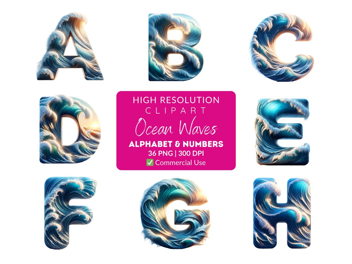 Waves Alphabet Clipart Bundle, Waves PNG, Ocean Clipart, Waves Font ...