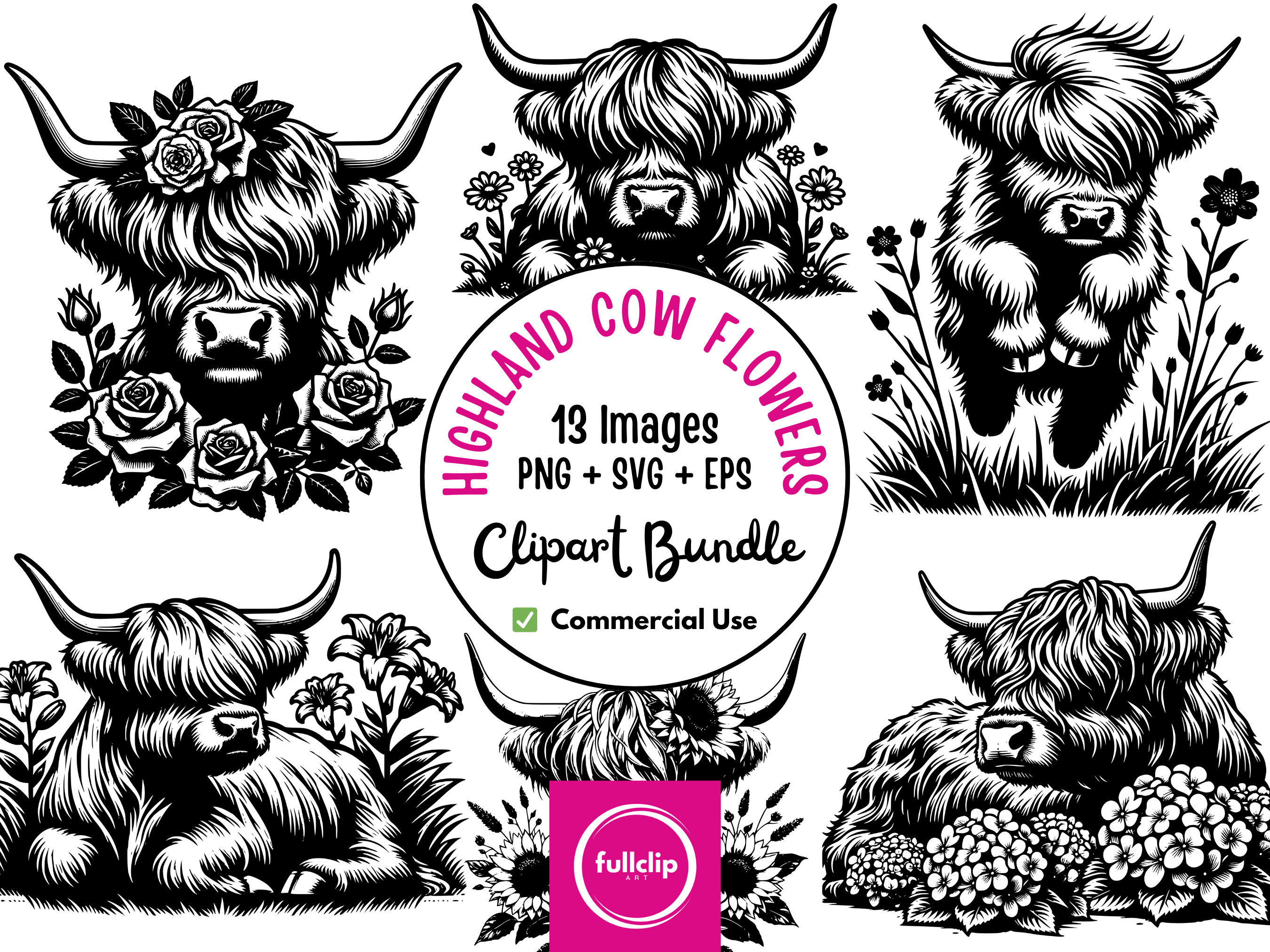 Highland Cow Flowers Vector Illustration Bundle, Highland Cow SVG ...