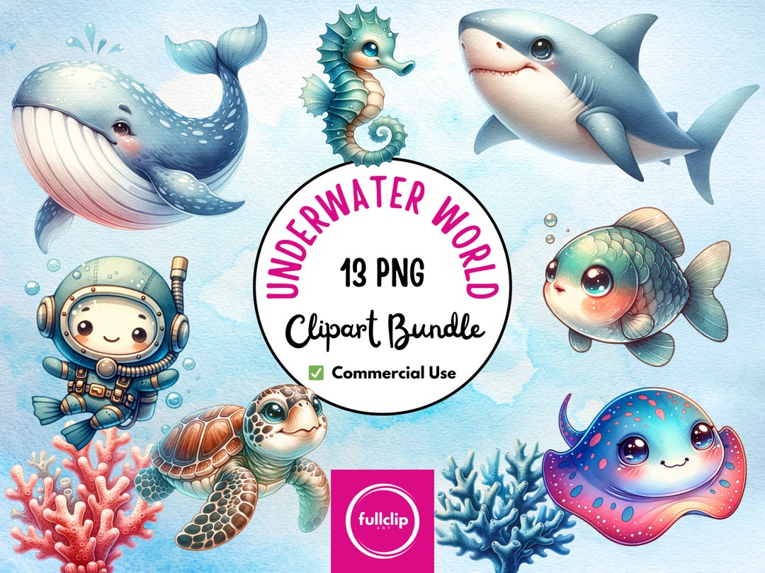 Underwater World Clipart Bundle, Cute Ocean Animals PNG, Baby Shower ...
