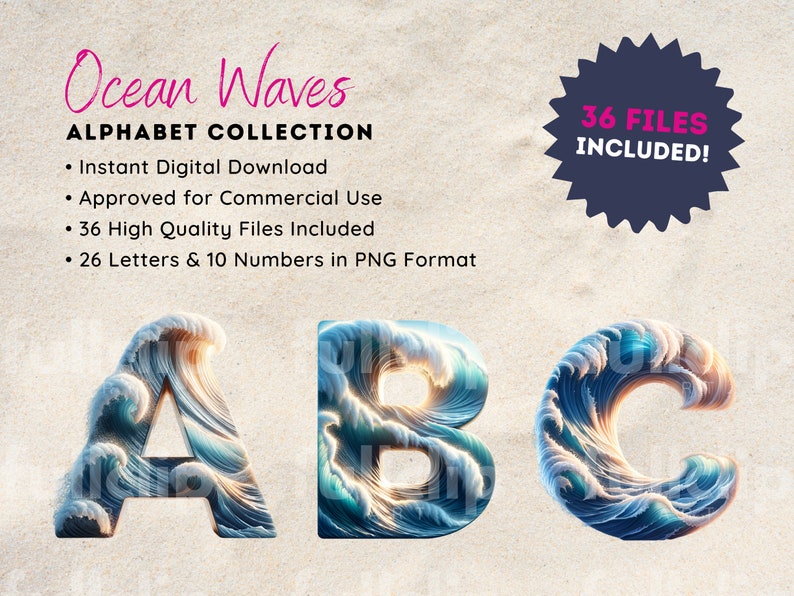 Waves Alphabet Clipart Bundle, Waves PNG, Ocean Clipart, Waves Font ...