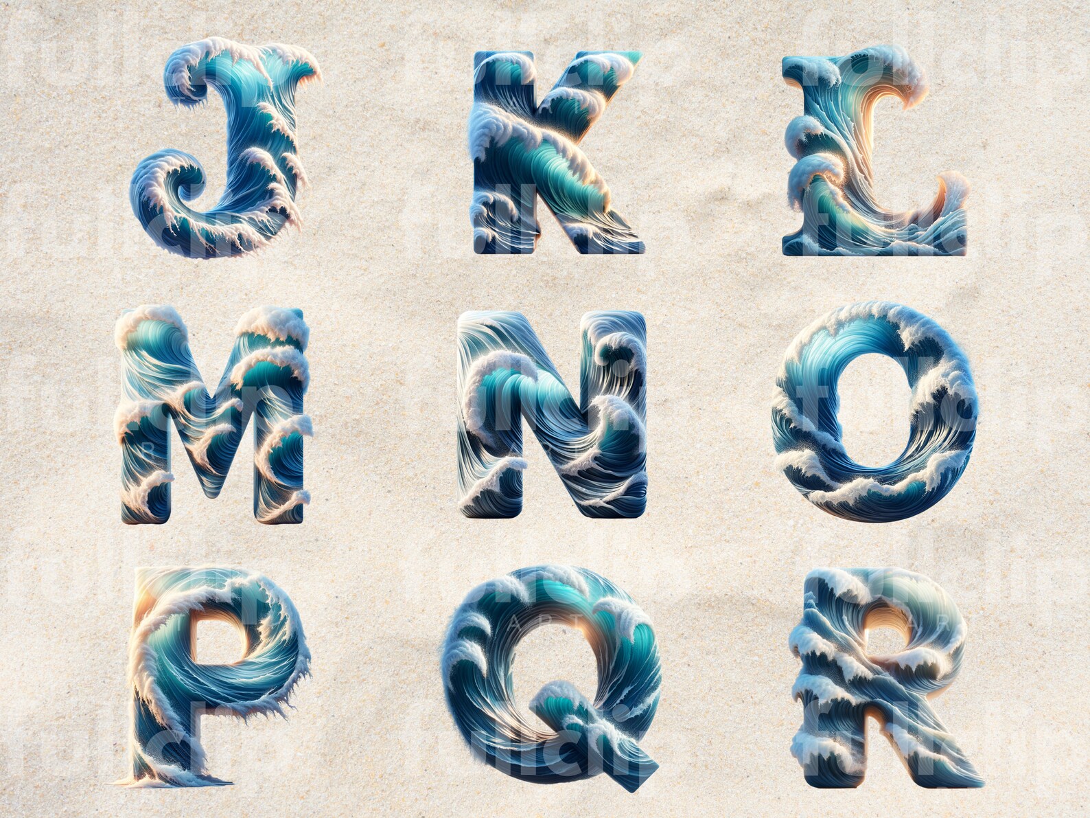 Waves Alphabet Clipart Bundle, Waves PNG, Ocean Clipart, Waves Font ...