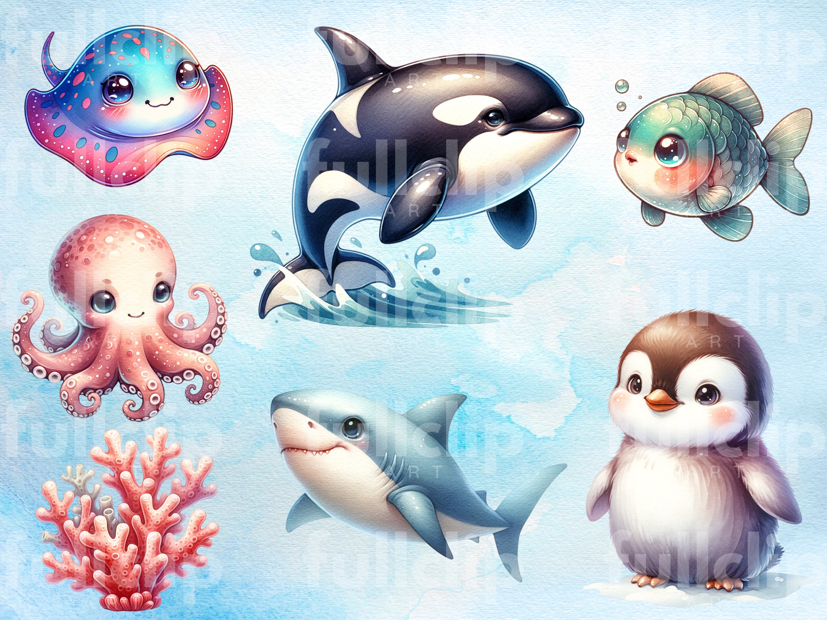 Underwater World Clipart Bundle, Cute Ocean Animals PNG, Baby Shower ...