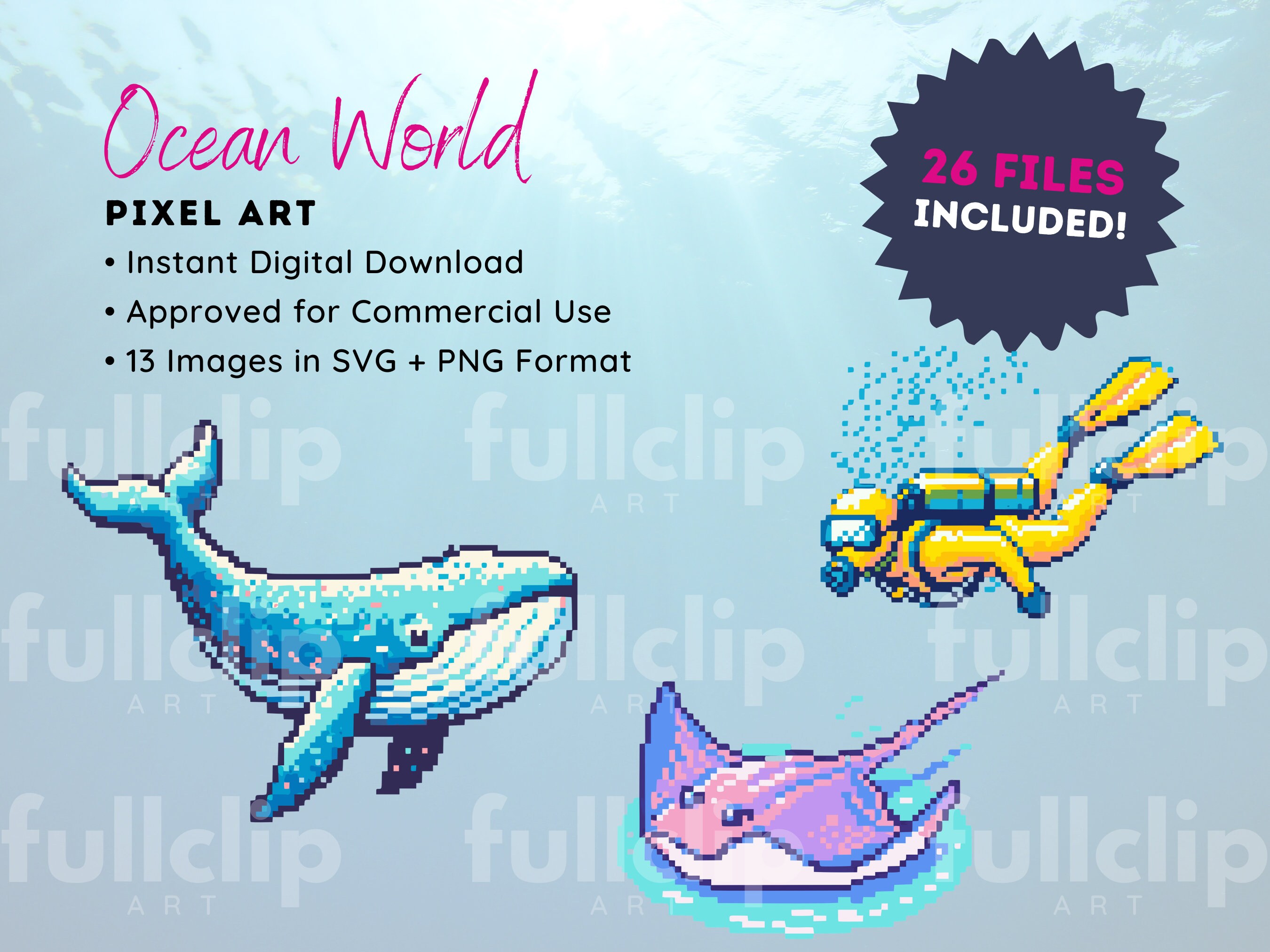 Pixel Ocean World Clipart Bundle, Ocean Pixel Art, Fish SVG, Shark PNG ...