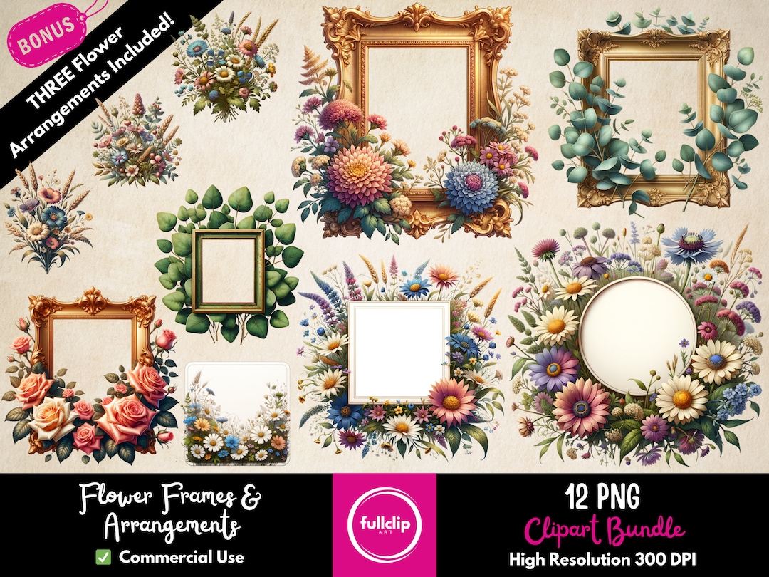 Vintage Flower Frames Clip Art Wedding Graphics, Wild Flower Clipart ...