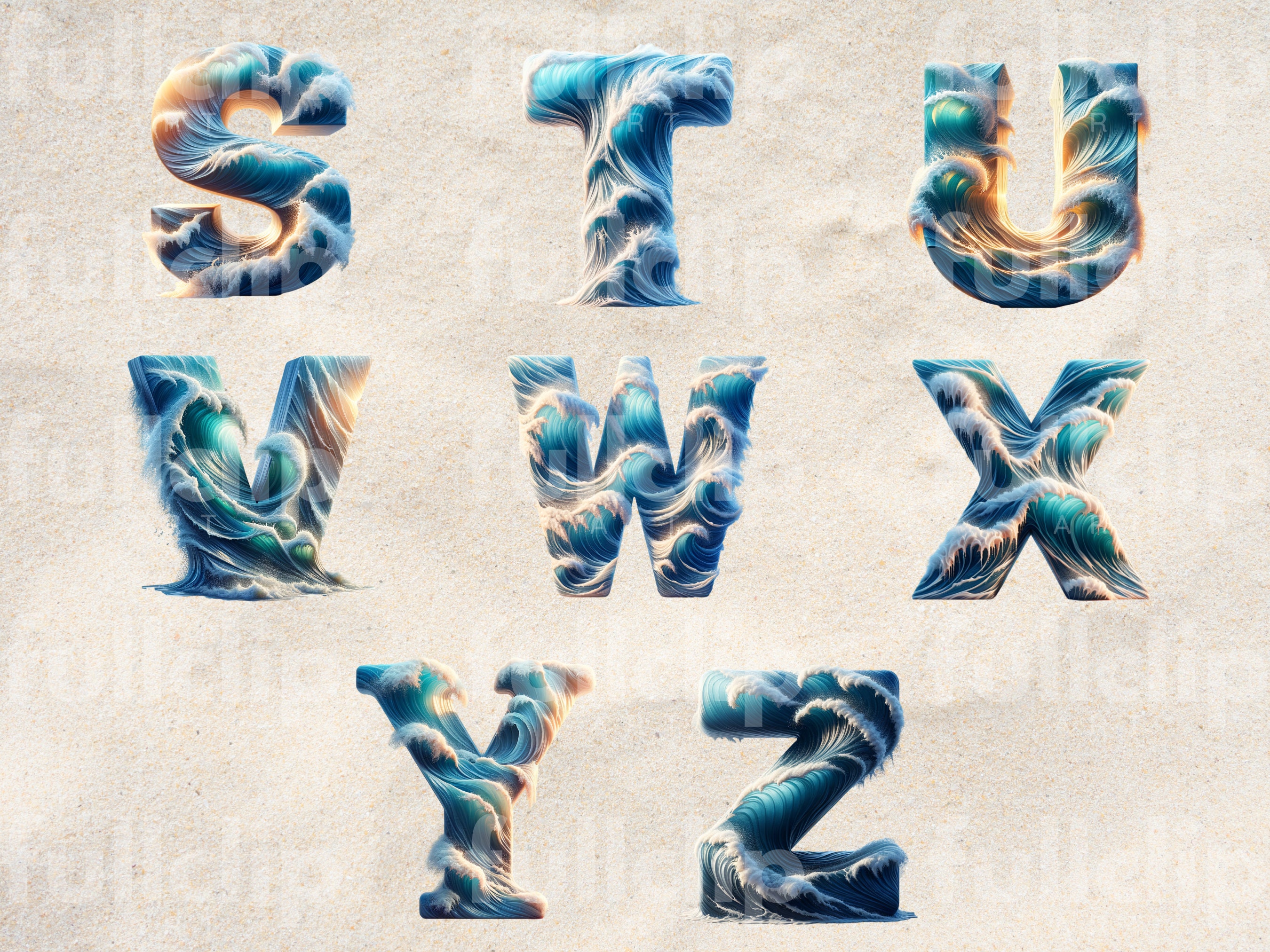 Waves Alphabet Clipart Bundle, Waves PNG, Ocean Clipart, Waves Font ...