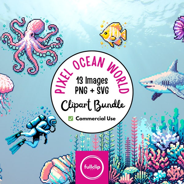 Pixel Ocean World Clipart Bundle, Ocean Pixel Art, Fish SVG, Shark PNG ...