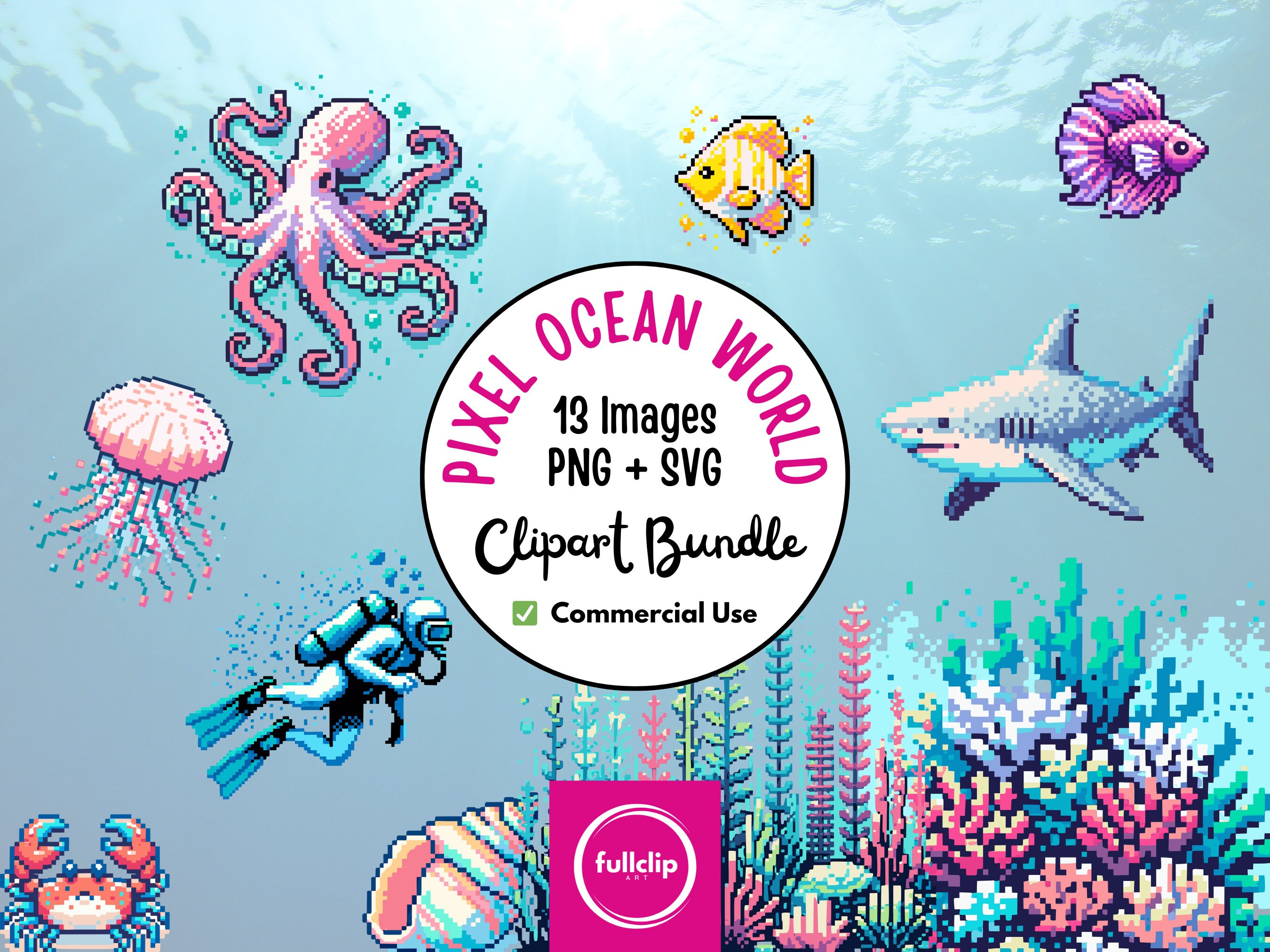 Pixel Ocean World Clipart Bundle, Ocean Pixel Art, Fish SVG, Shark PNG ...