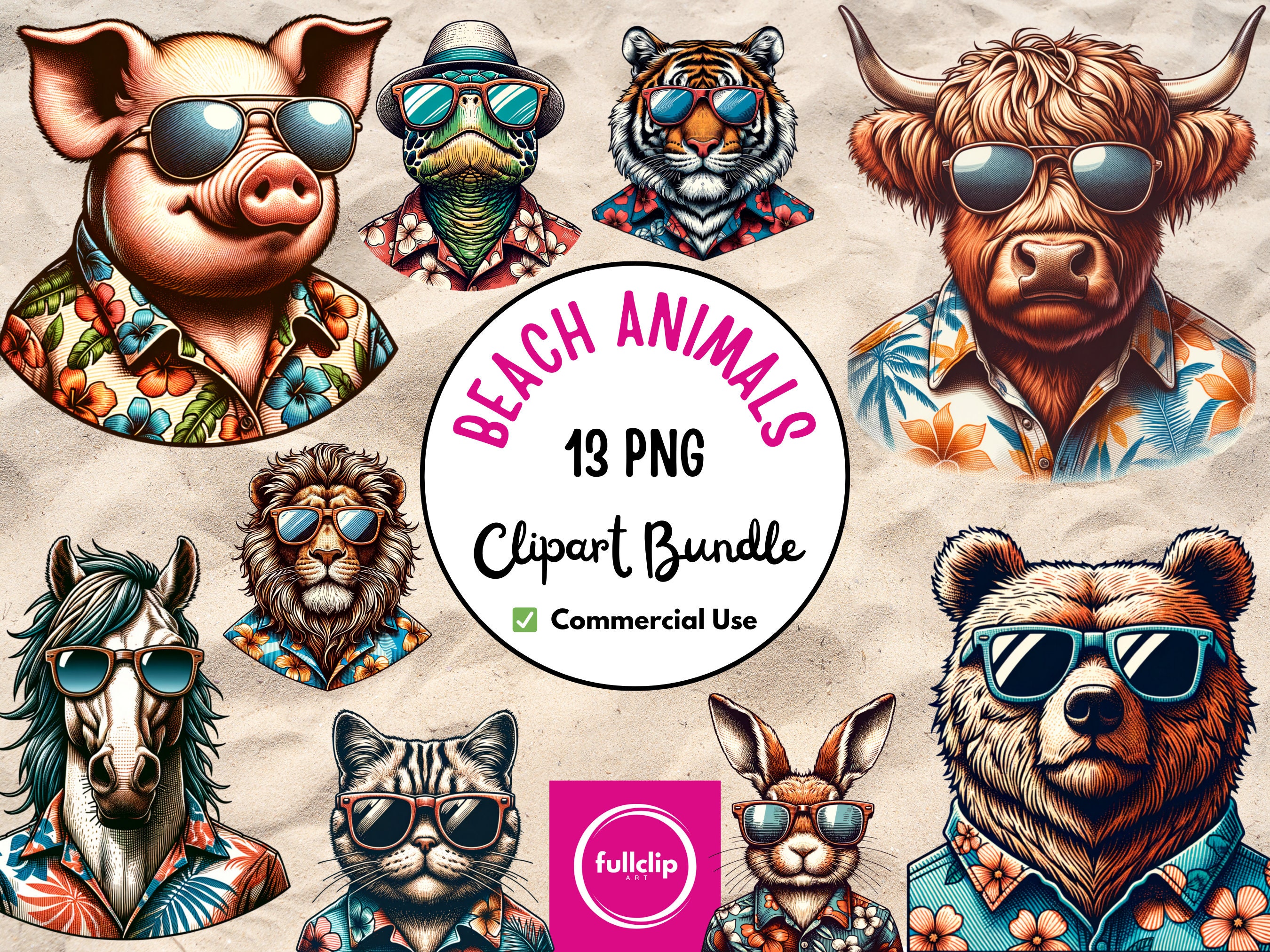 Beach Party Animals Clipart Bundle, 13 High Resolution PNG, Summer ...