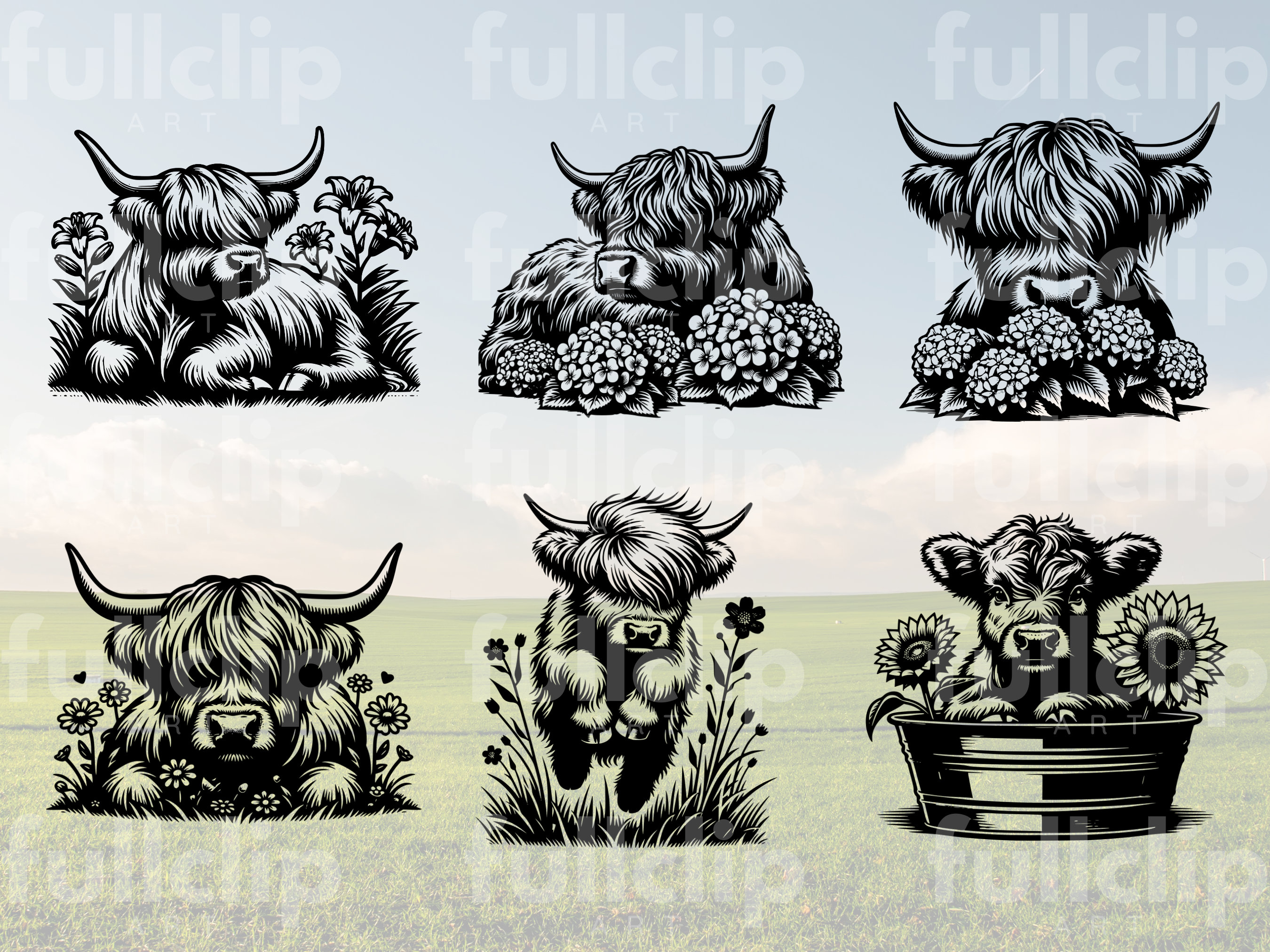 Highland Cow Flowers Vector Illustration Bundle, Highland Cow SVG ...