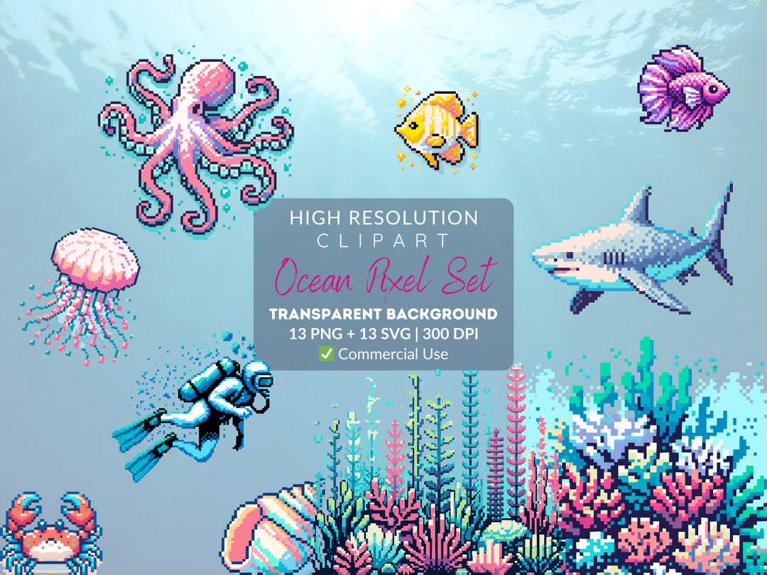 Ocean Pixel Clipart Bundle, Ocean Pixel Art, Crab SVG, Fish SVG, Shark ...