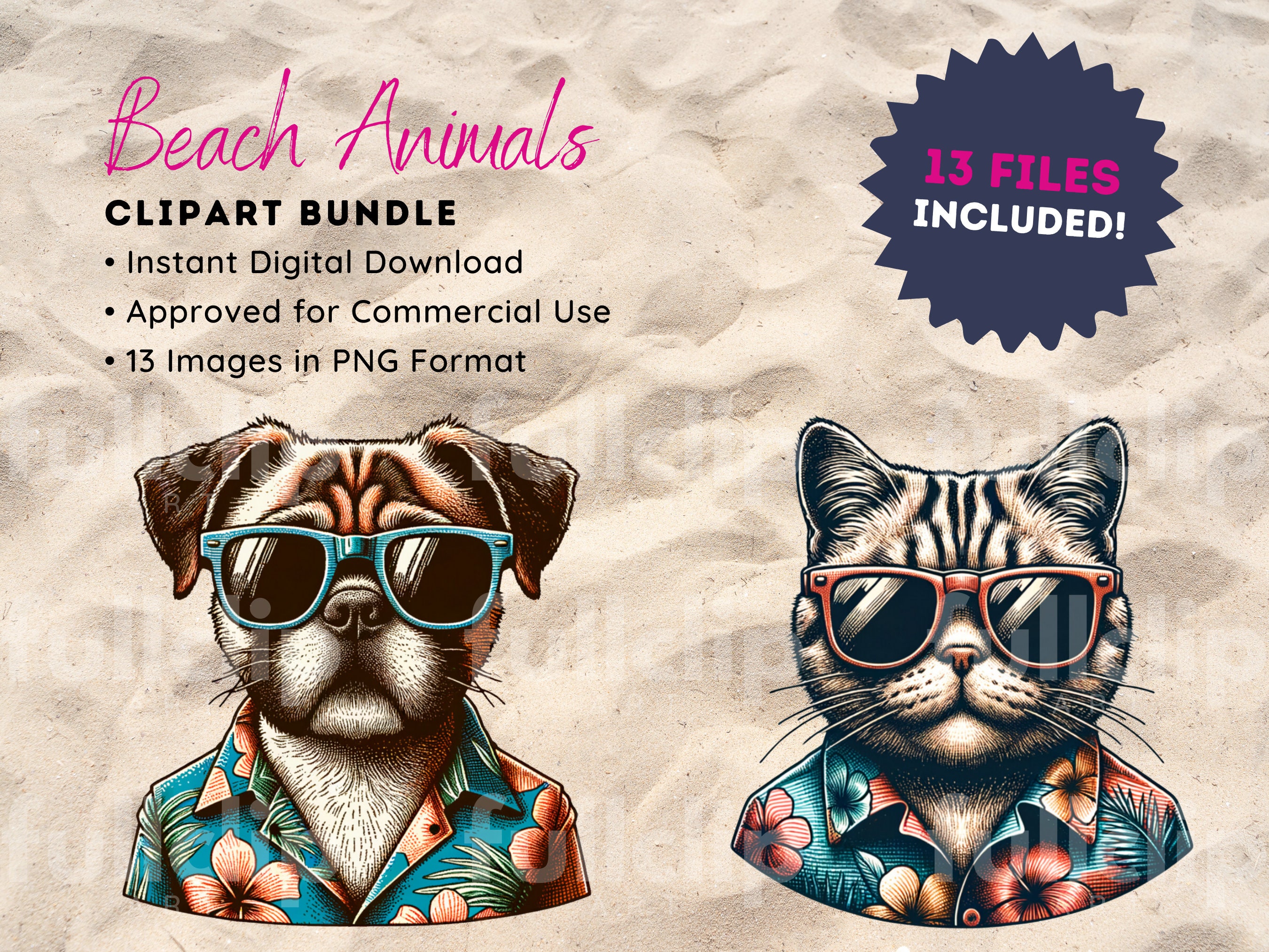 Beach Party Animals Clipart Bundle, 13 High Resolution PNG, Summer ...