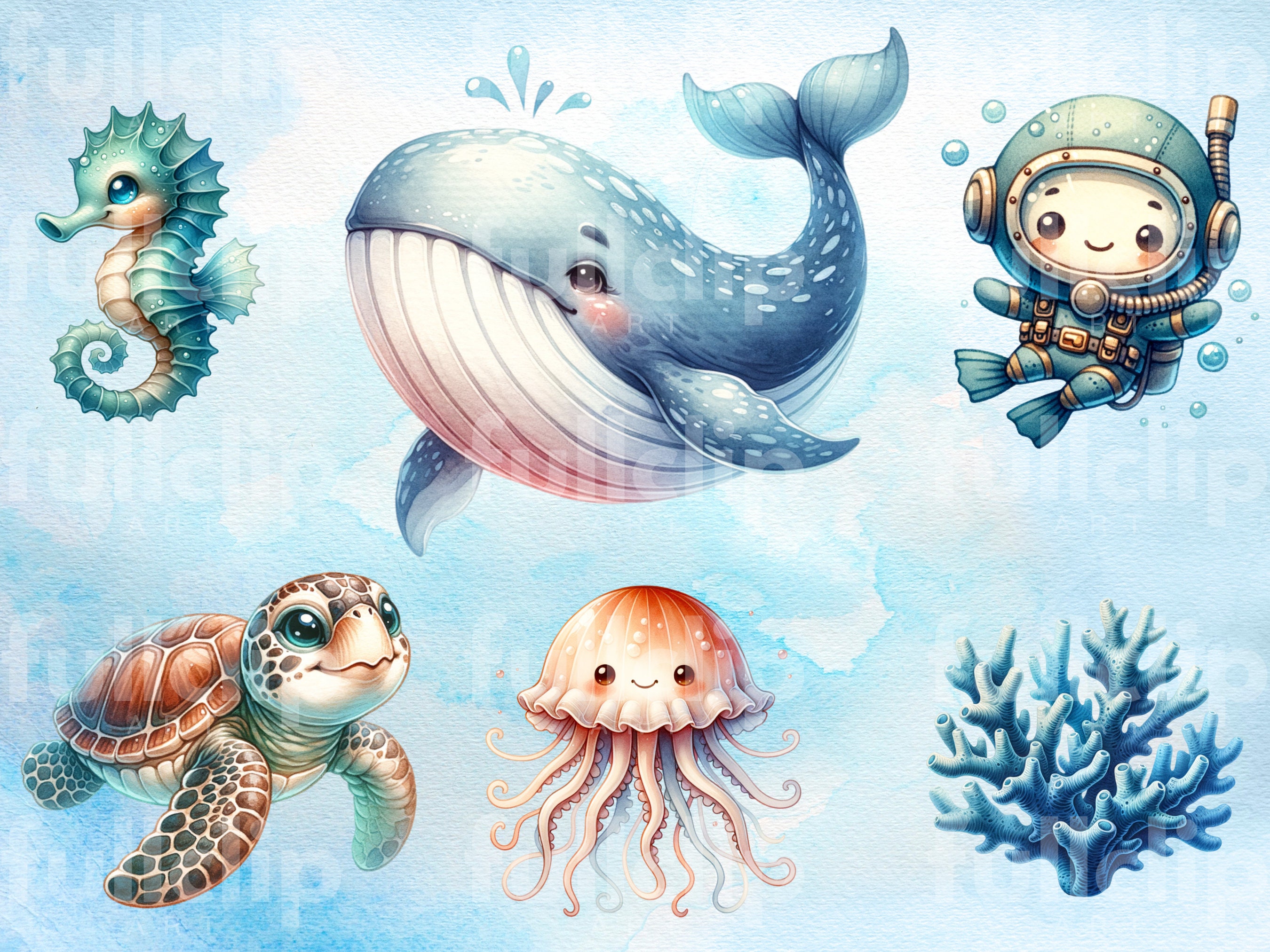 Underwater World Clipart Bundle, Cute Ocean Animals PNG, Baby Shower ...
