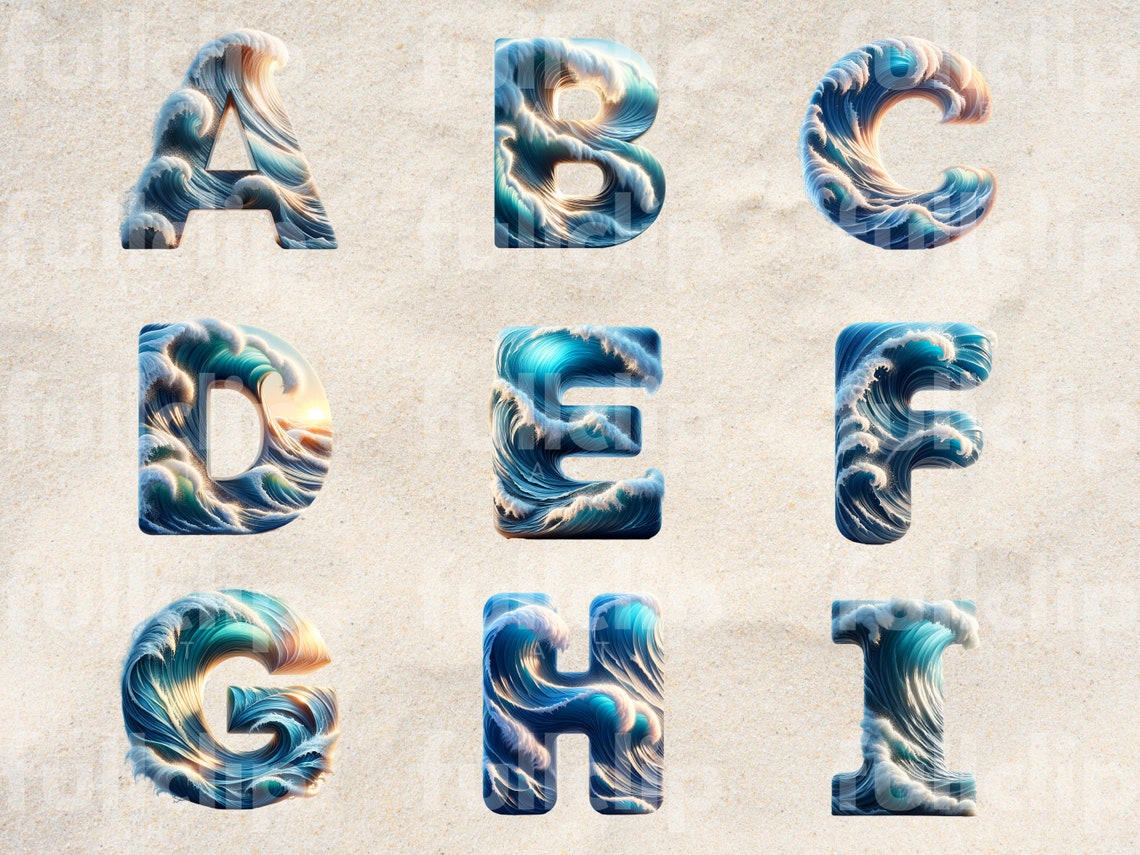 Waves Alphabet Clipart Bundle, Waves PNG, Ocean Clipart, Waves Font ...