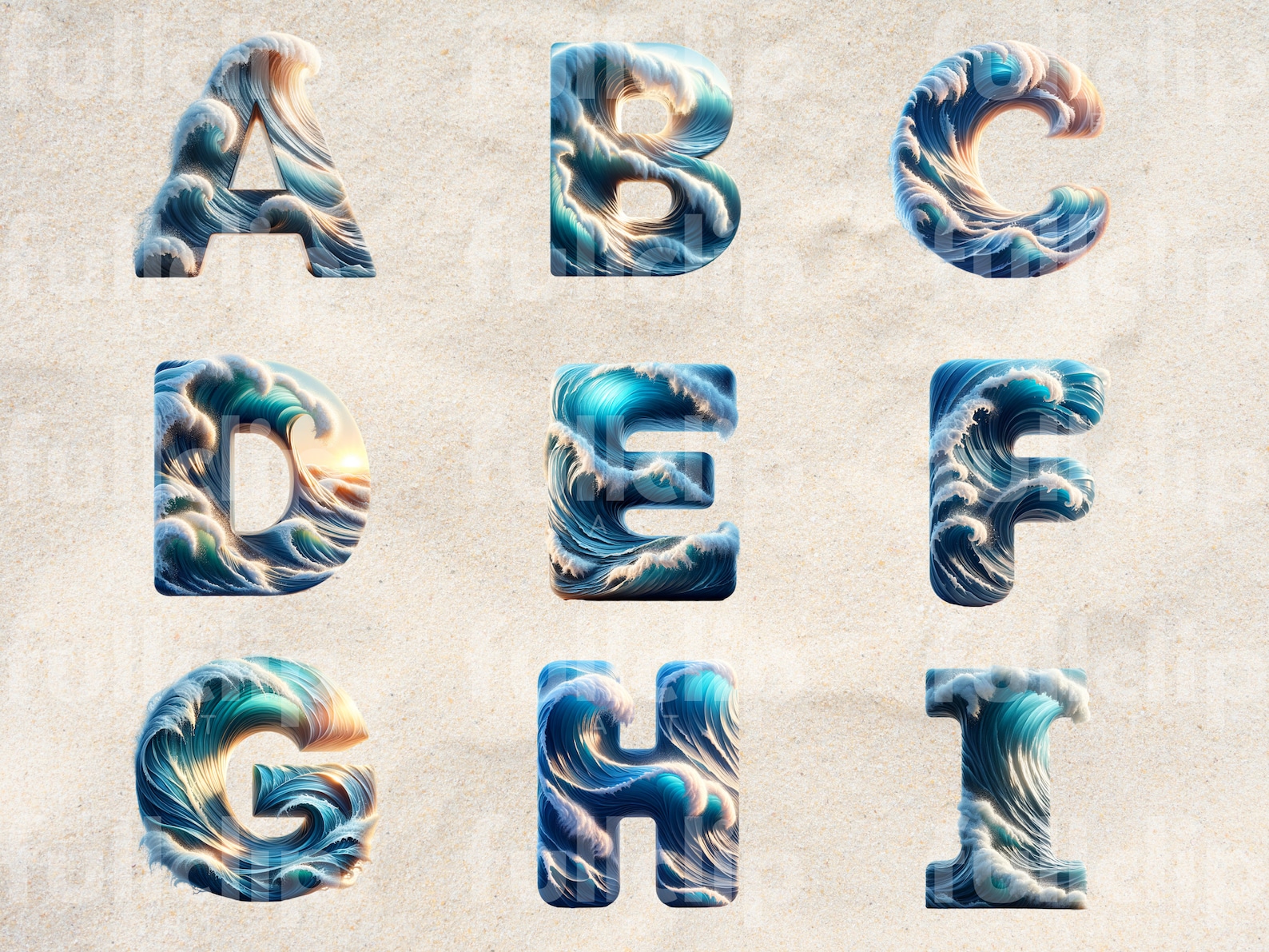Waves Alphabet Clipart Bundle, Waves PNG, Ocean Clipart, Waves Font ...