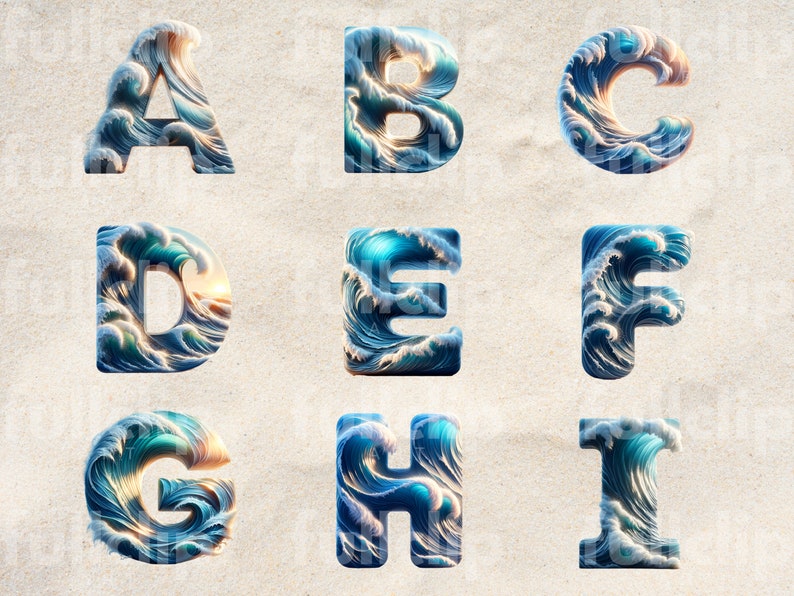 Waves Alphabet Clipart Bundle, Waves PNG, Ocean Clipart, Waves Font ...