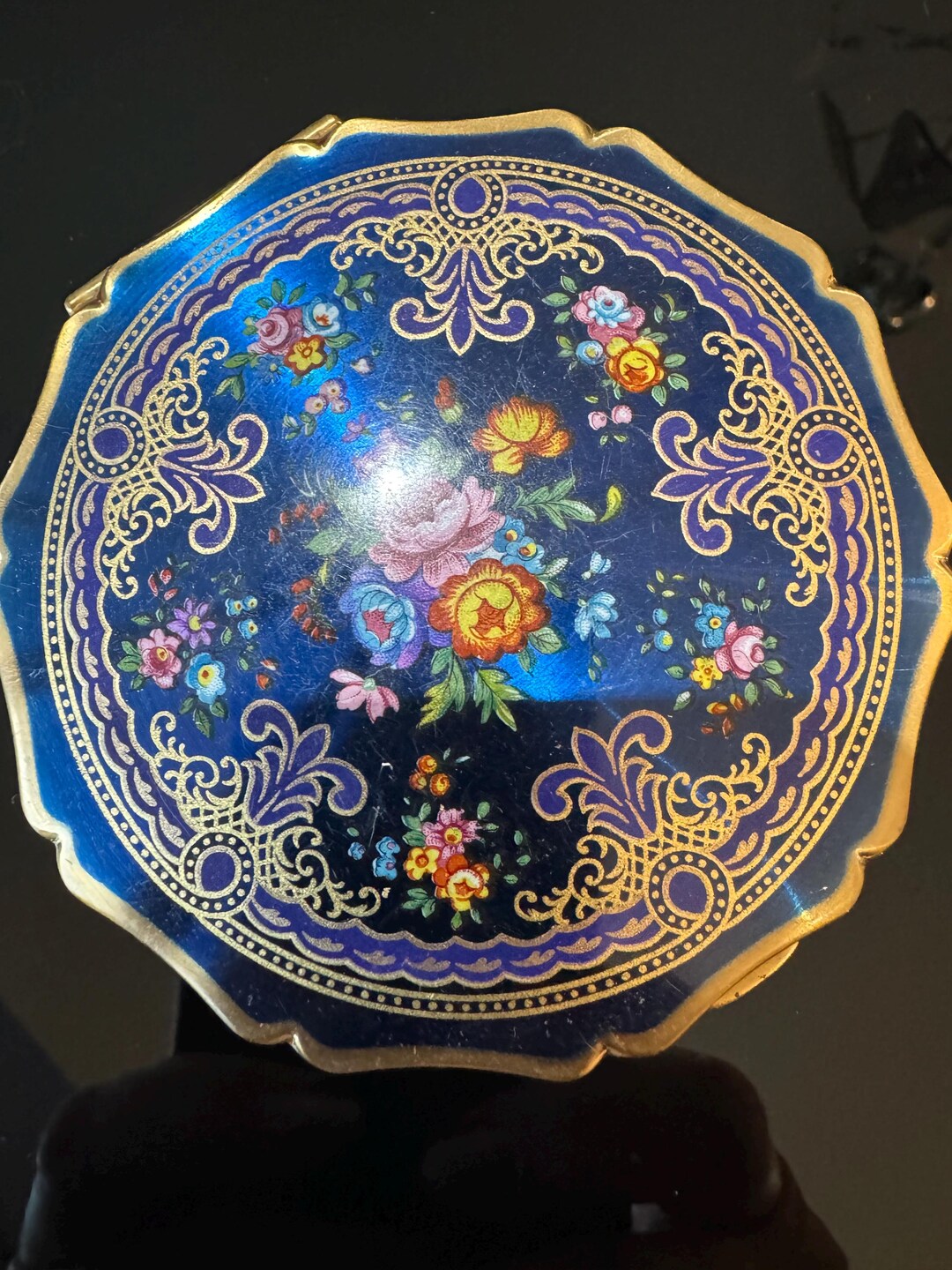 An Exquisite Blue and Gold Floral With Scalloped Sides 1960s Powder ...