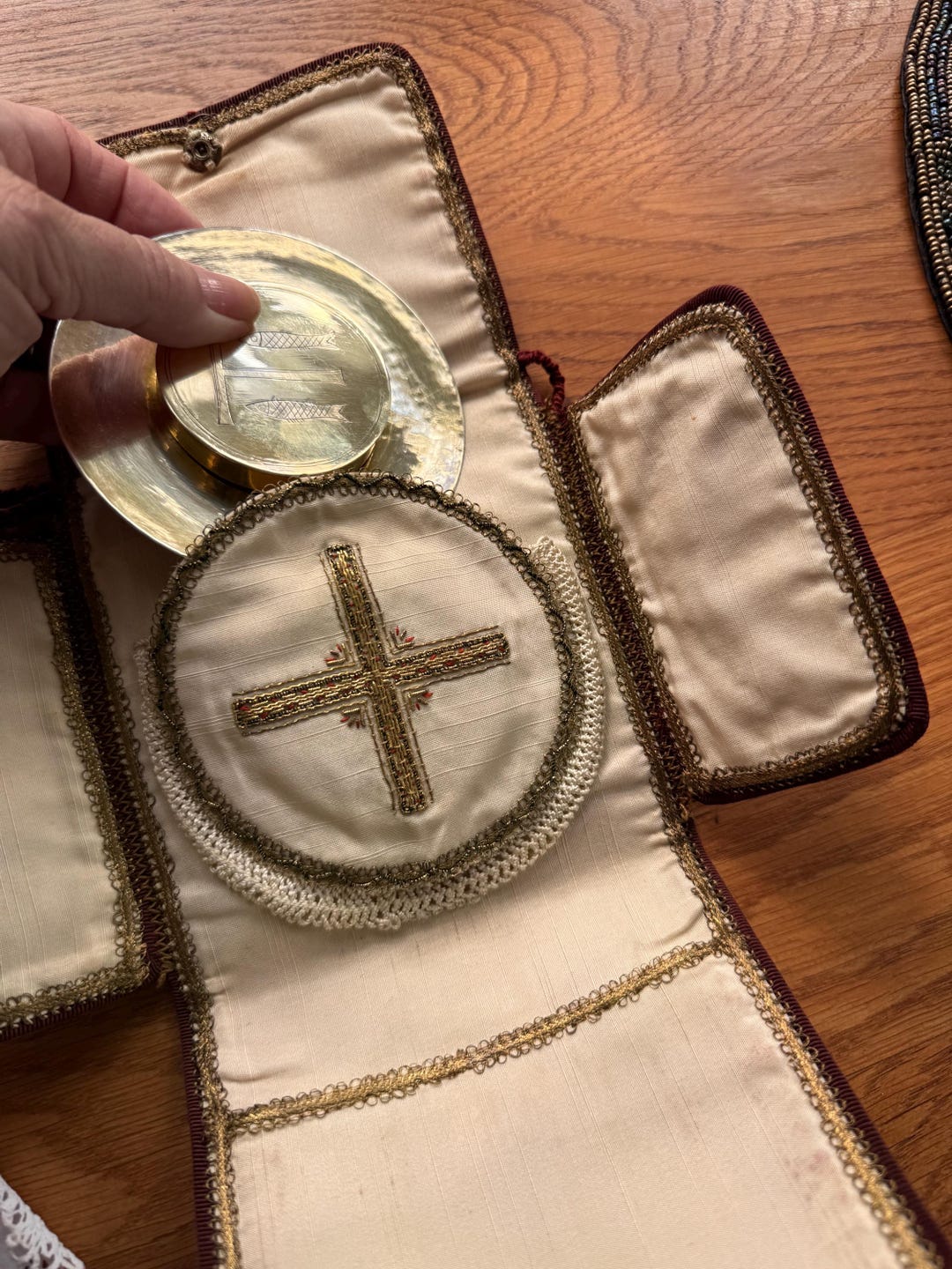 A Vintage Visiting Communion Set-brass-pyx & Paten-embroidered Burse ...