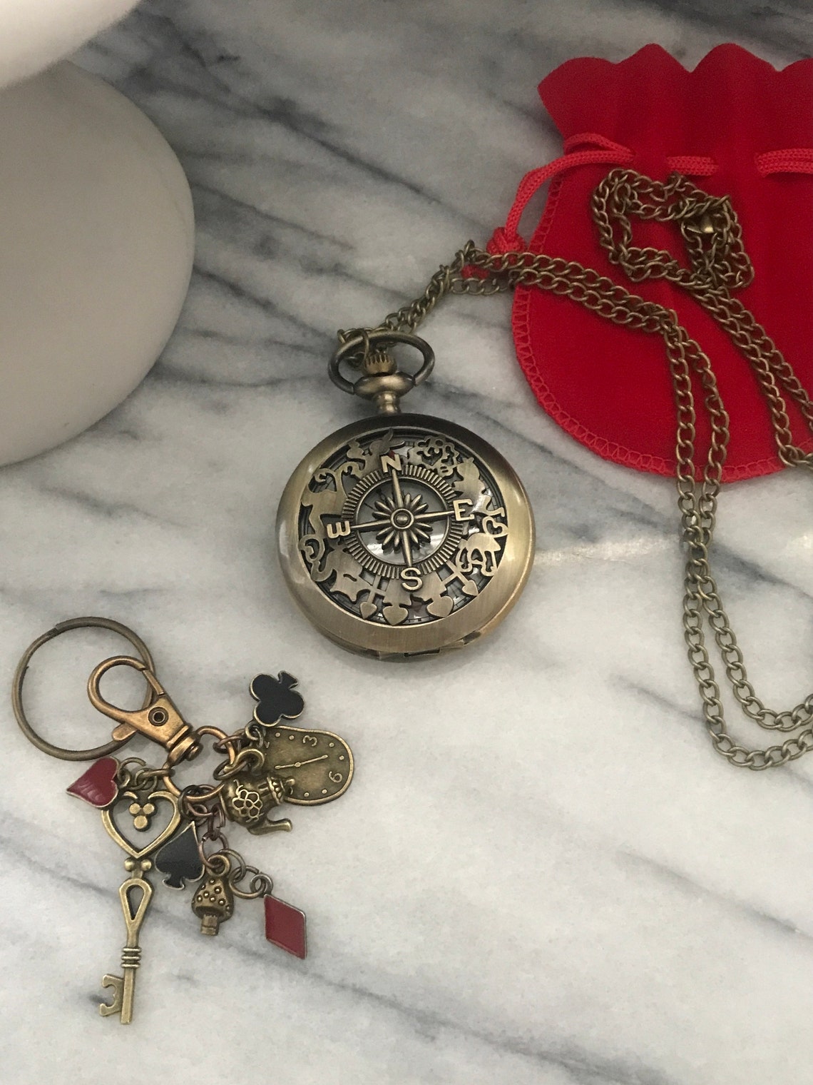 Alice in Wonderland Compass Style Pocket Watch and Keychain Set Bronze ...
