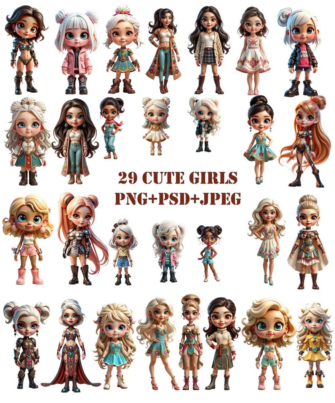 Cute Girls Clipart Bundle | Doll Illustrations (PNG, PSD, JPEG) - Etsy