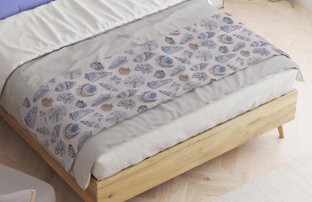 Bed Runner, Nautical Bed Runner, Blue Beige Bed Runner, Shells Print Bed Runner, Runner With ...