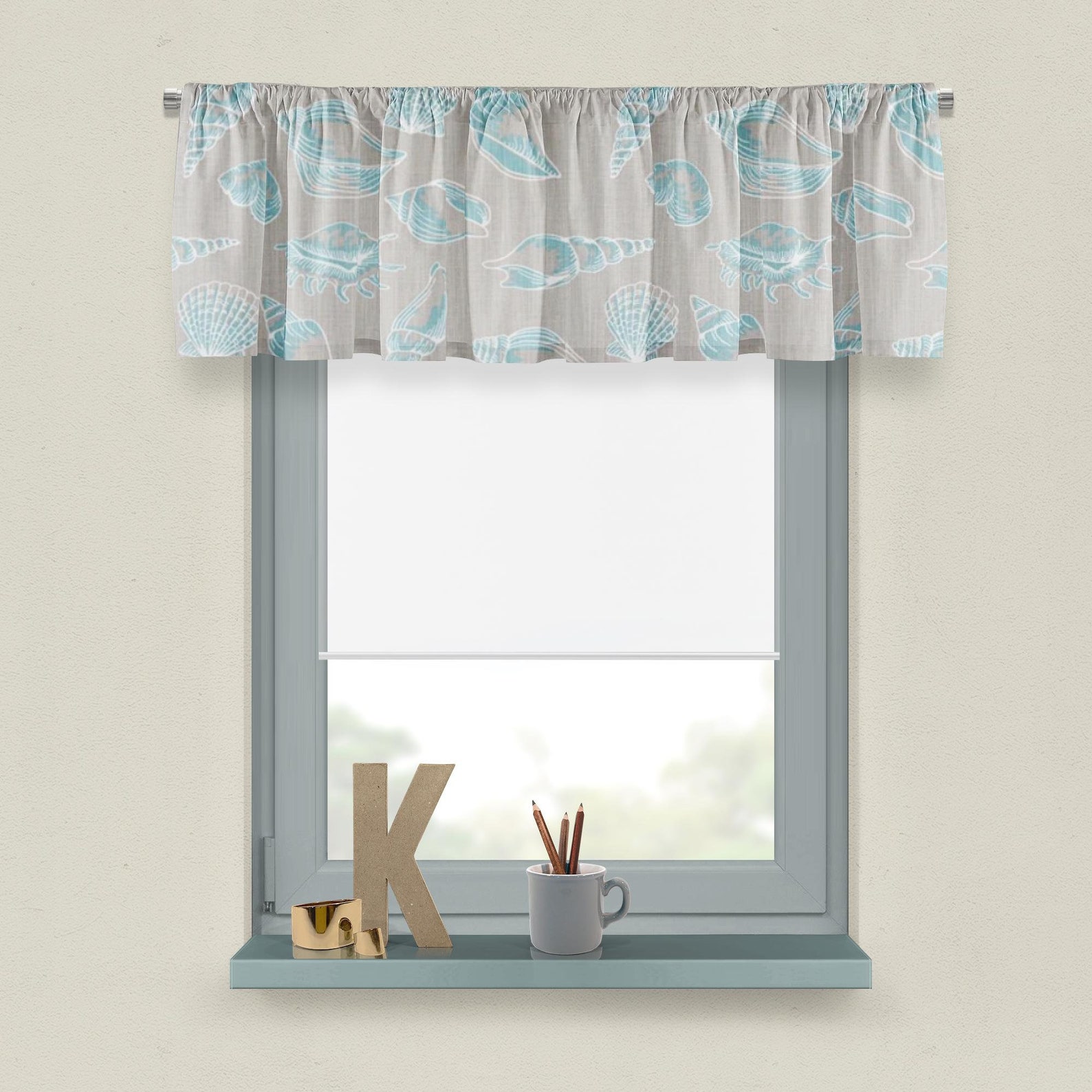 Seashells Valance, Beach Valance, Beach Treasures Valance, Teal Gray ...