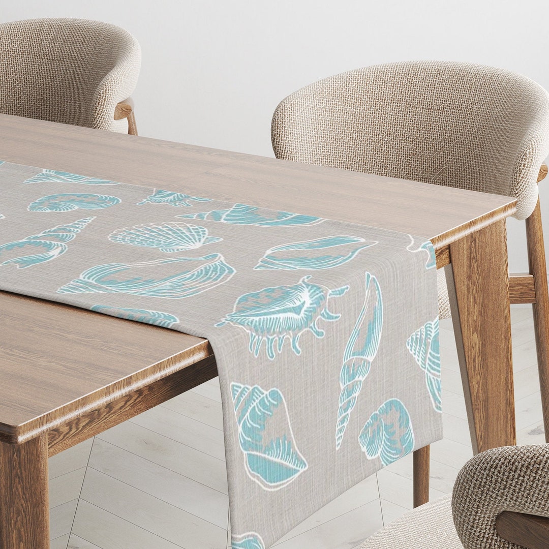Shells Table Runner, Teal Gray Table Runner, Nautical Table Runner ...