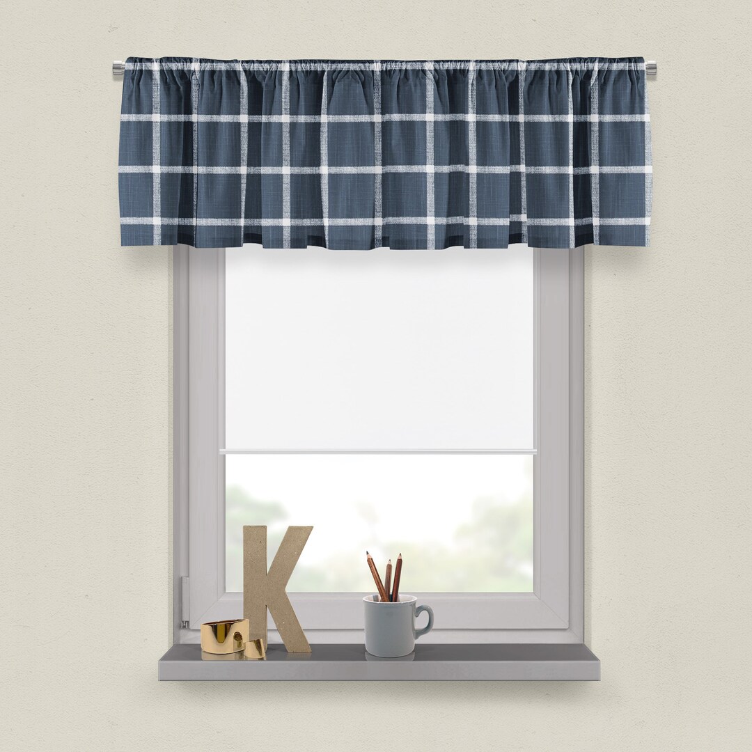 Blue Plaid Valance, Premier Prints Abbot Italian Denim Valance, Blue ...