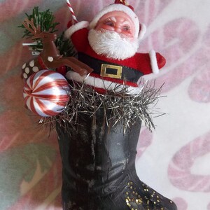 Handmade / Paper Mache Santa Boot / Holiday Decoration / Vintage Craft ...