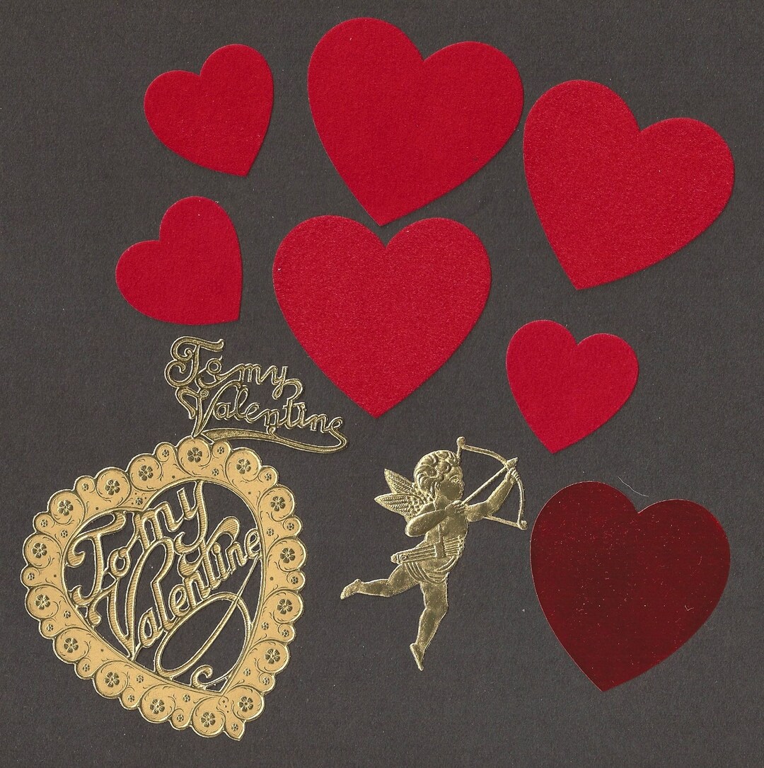 Vintage / Flocked Heart Gummed Seals / Foil Heart / Gold Dresden Scrap ...
