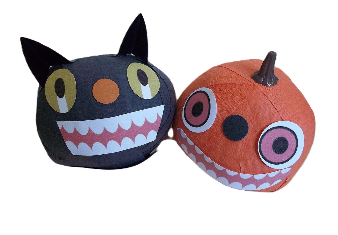 Two Items / Halloween Crepe Paper Surprise Balls / Black Cat & Jack O ...