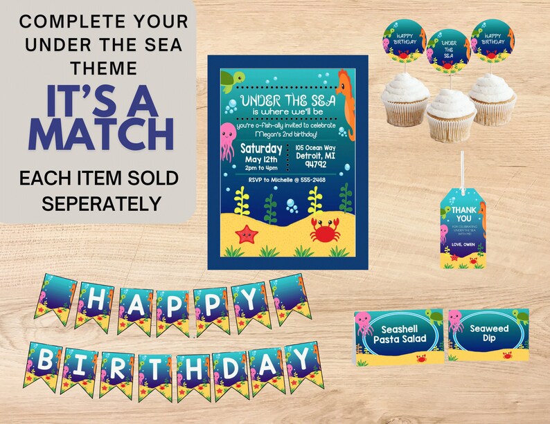 Under the Sea Birthday Cupcake Toppers, Ocean Animals Cupcake Toppers ...