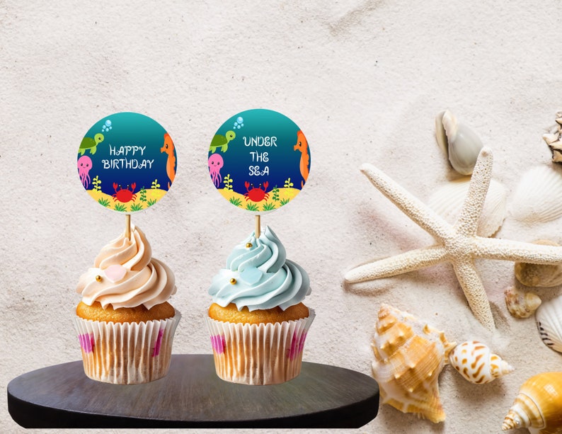 Under the Sea Birthday Cupcake Toppers, Ocean Animals Cupcake Toppers ...
