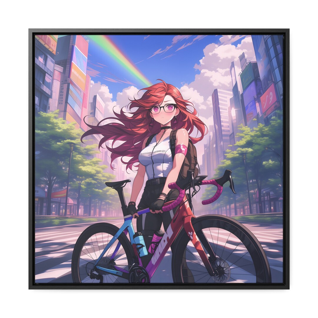 Urban Cyclist Anime-inspired Red-haired Biker in Vibrant Cityscape ...