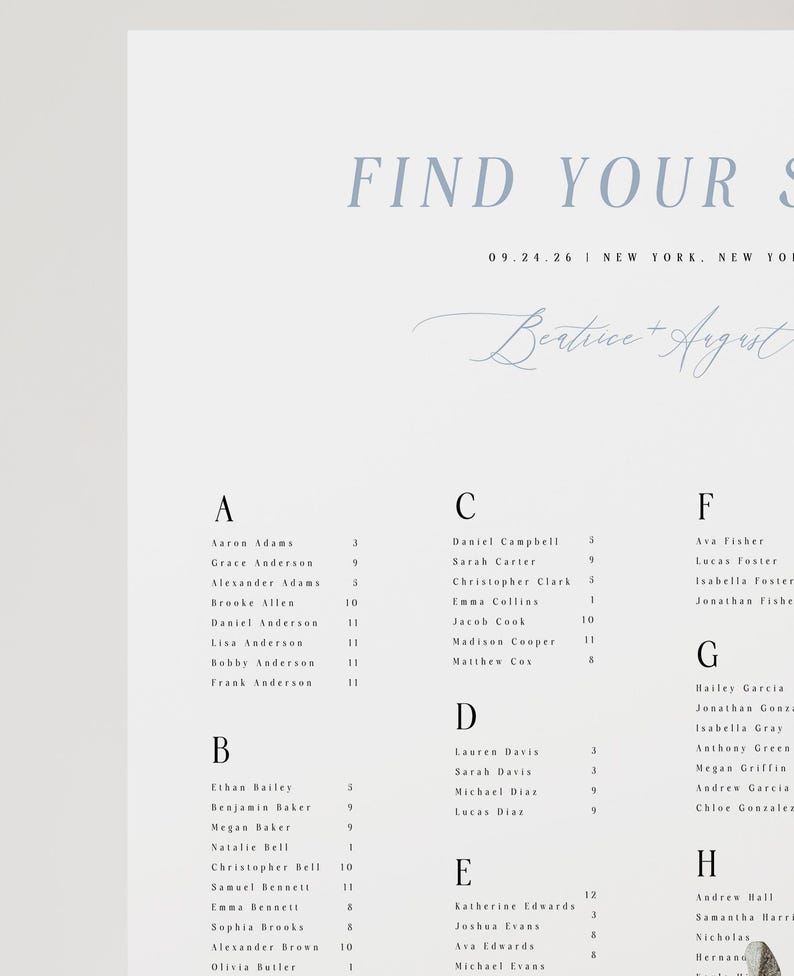 Alphabetical Seating Chart Template, Dusty Blue Wedding Seating Chart ...
