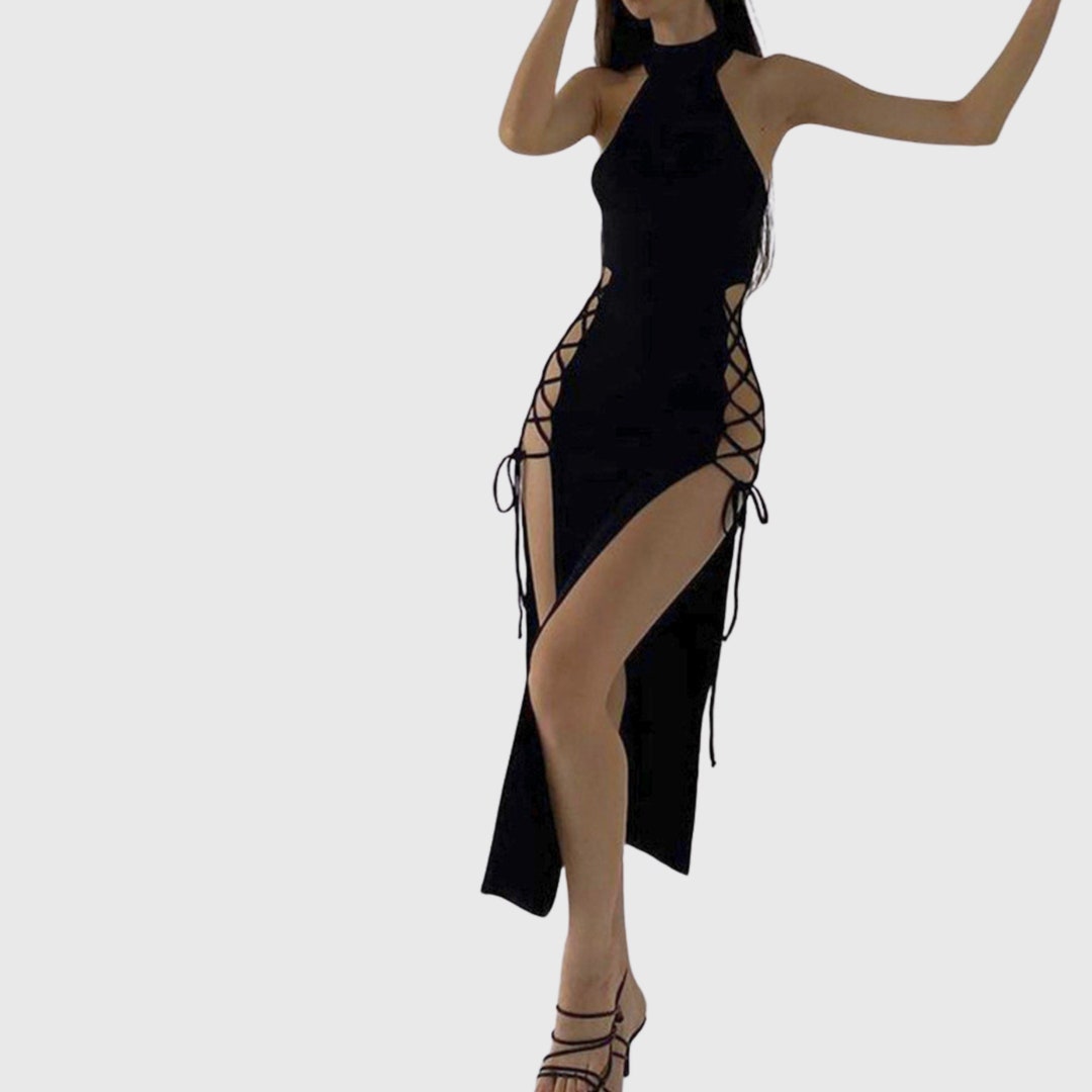 Black High Thigh Split Dress, Harajuku Double Split Dress, Black Thigh ...