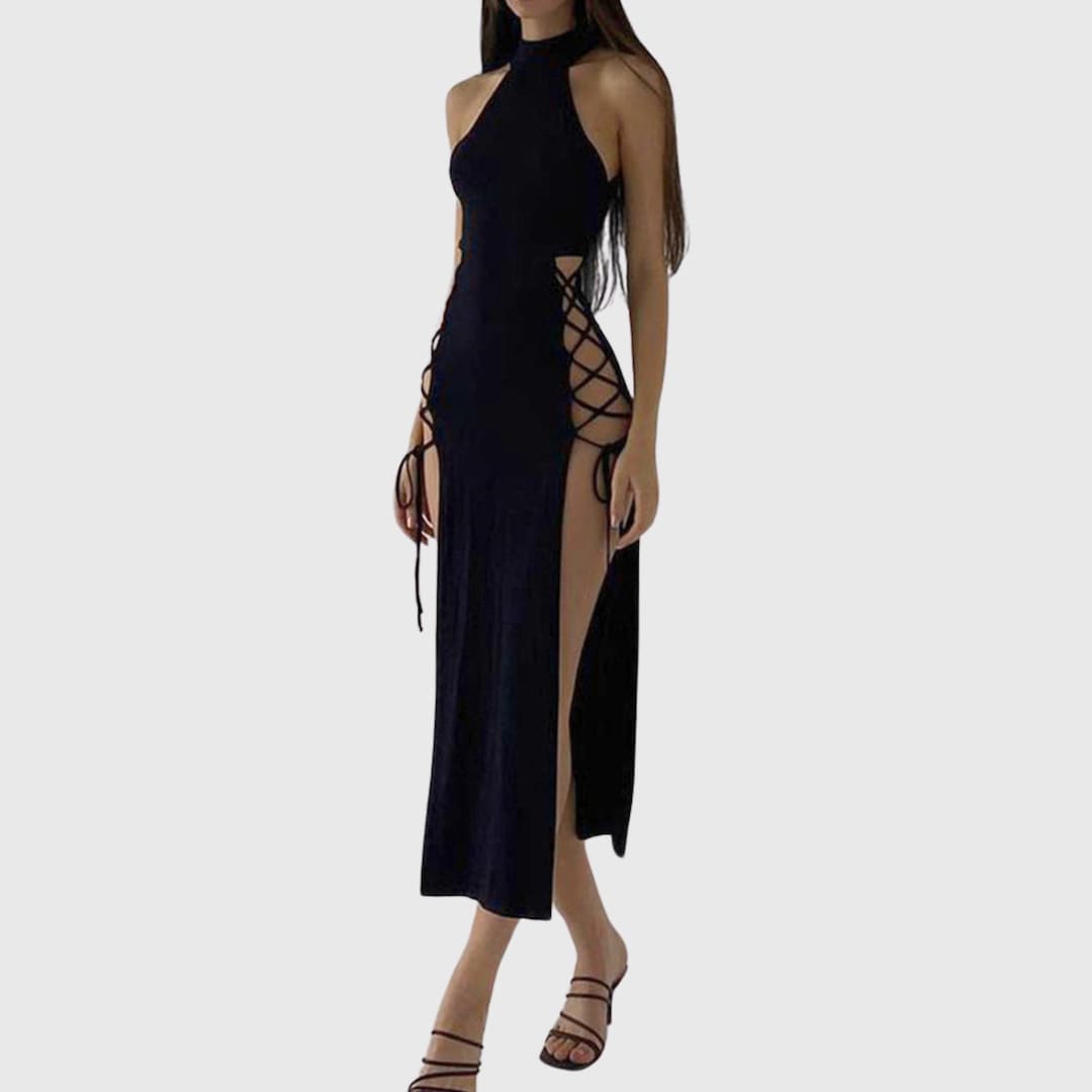 Black High Thigh Split Dress, Harajuku Double Split Dress, Black Thigh ...