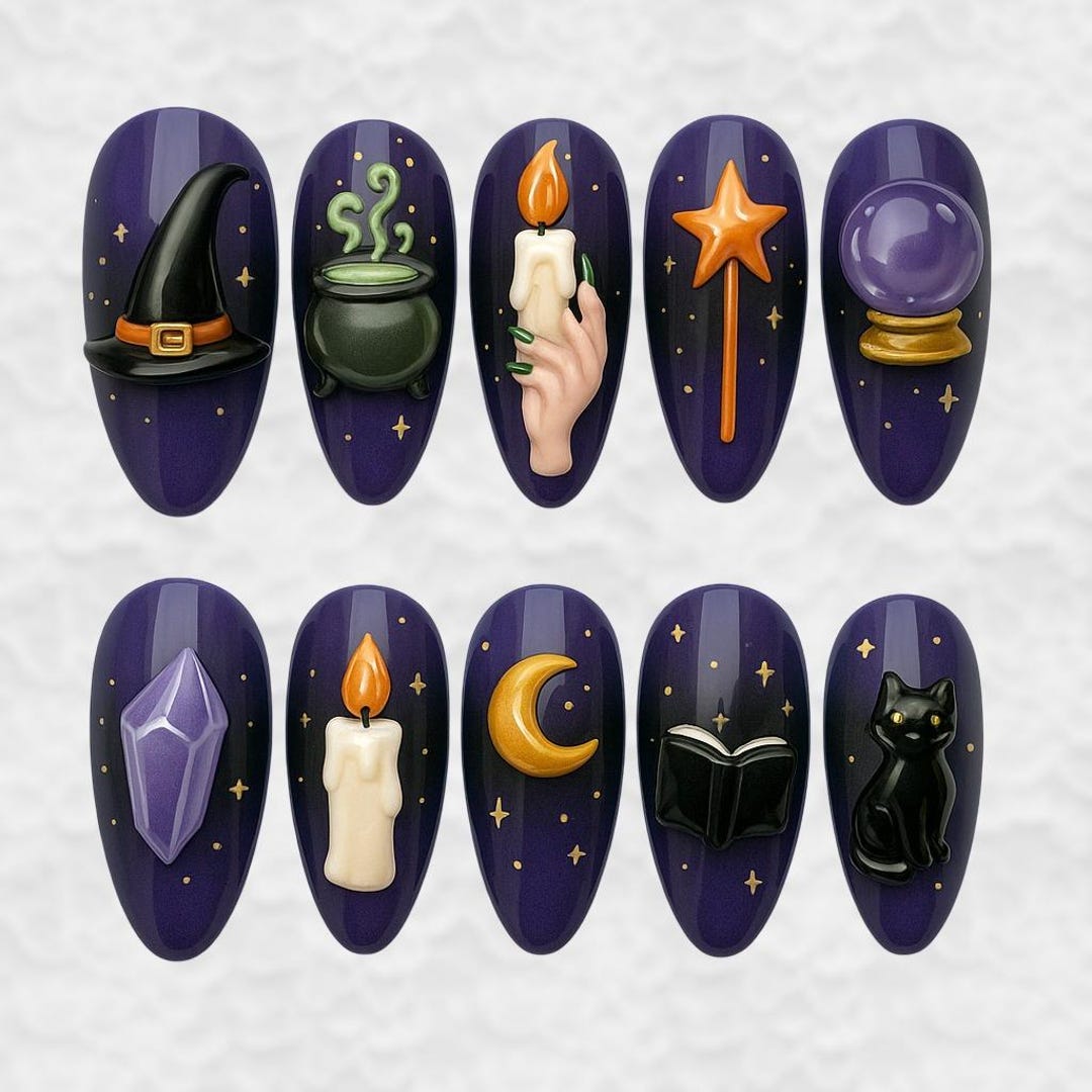 Hocus Pocus Witchy Press on Nails, 3D Candle Book Cat Cauldron Nails ...