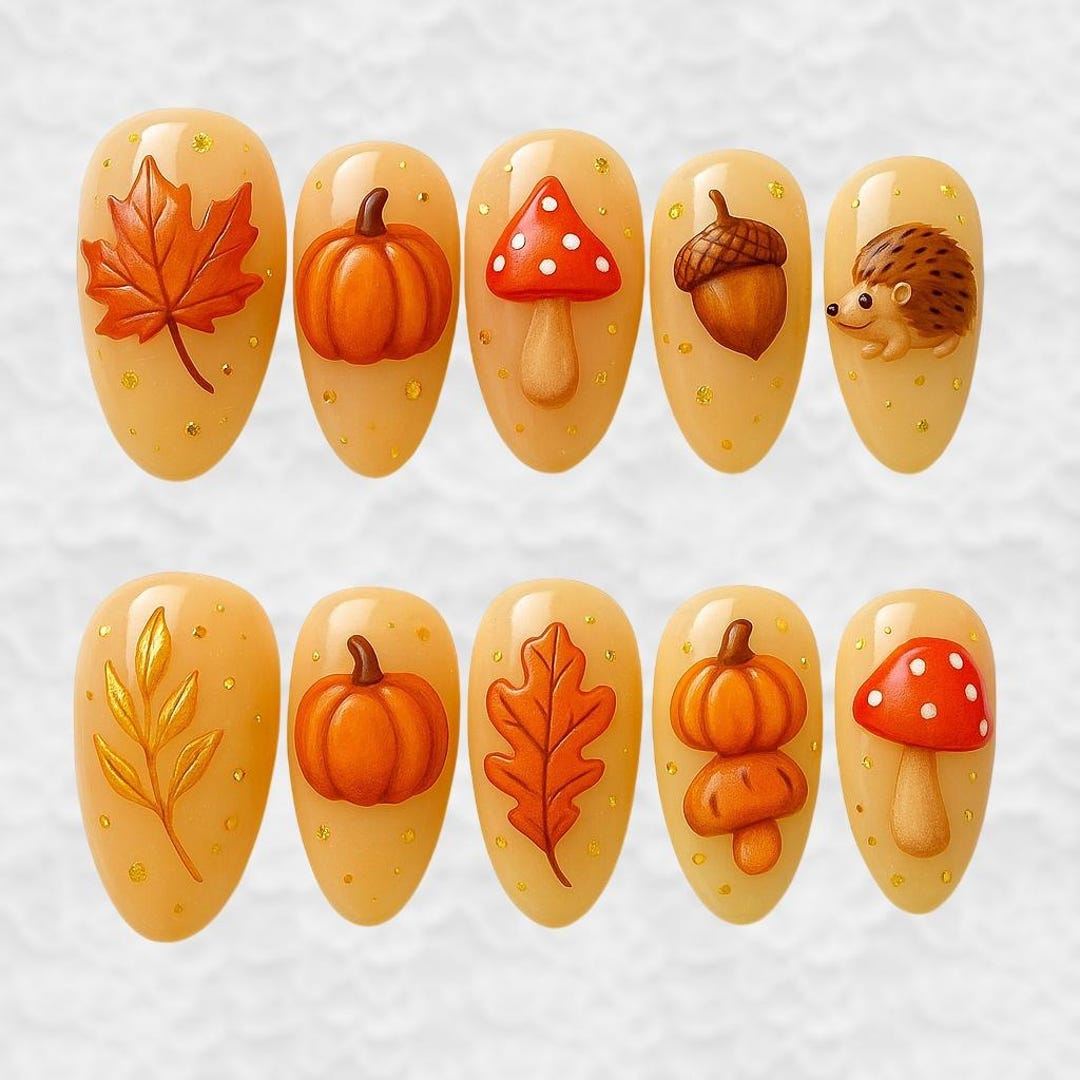 Autumn Press on Nails, Fall Leaves Pumpkin Mushroom Acorn Nails, 3D ...