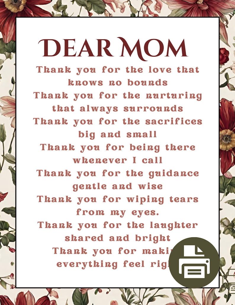 Mother's Day Gift, Dear Mom, Thank You, Printable - Etsy