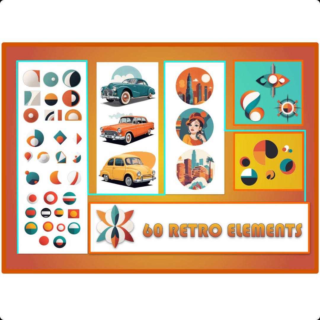 60 Retro Shape Design Elements - 60s 70s Groovy Bundle Pack - for Web ...