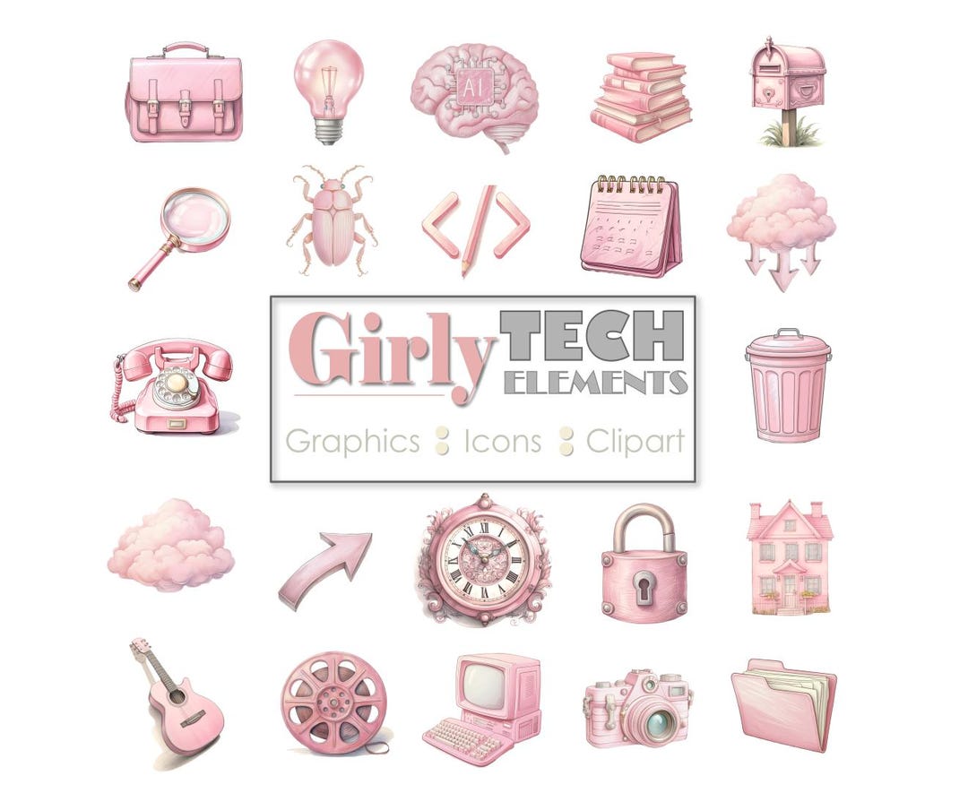 20 Girly Tech Icons Design Elements Vtg Computer Programmer Bundle Web ...