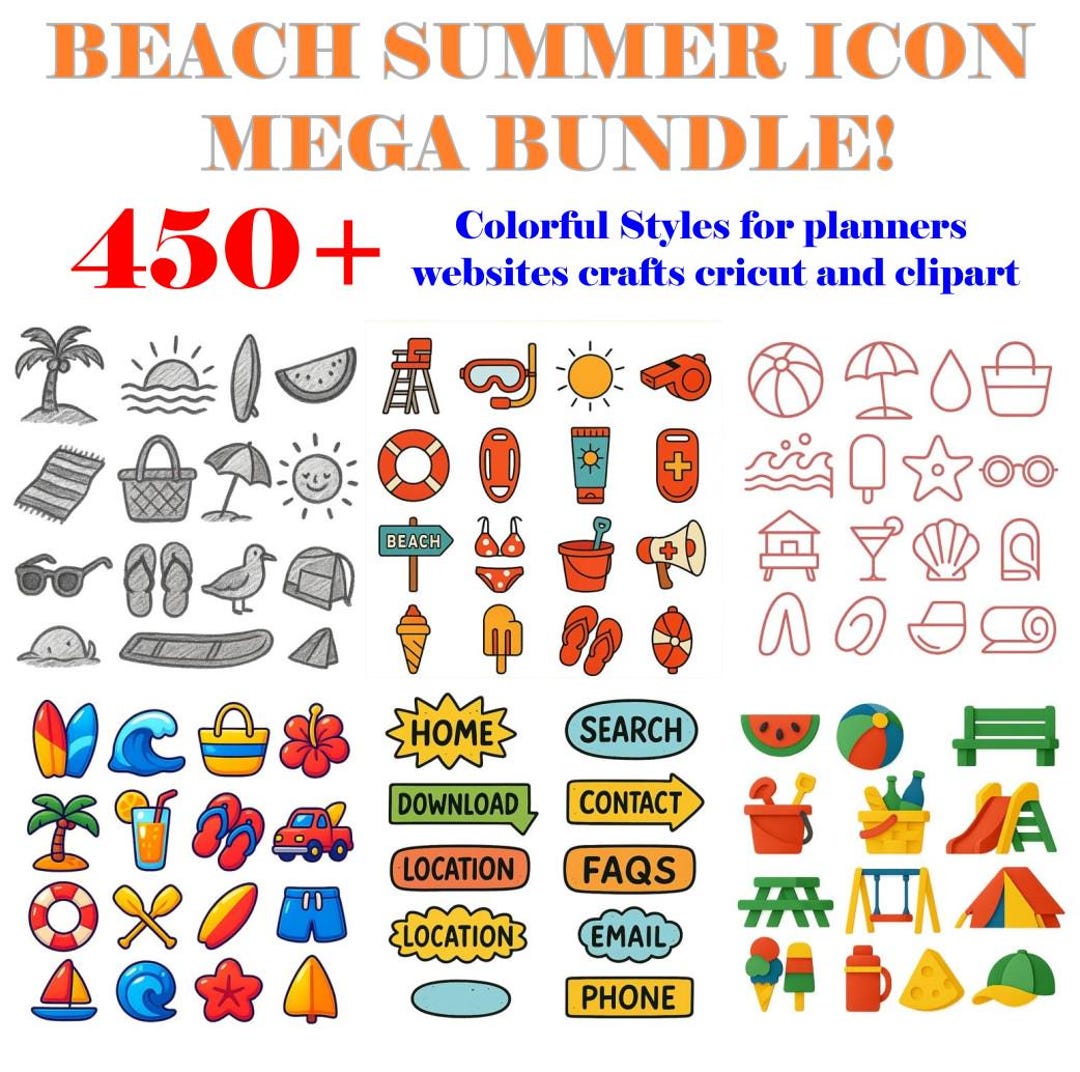 Beach Summer Icons Bundle 450+ Colorful Whimsical Glossy Chalkboard ...