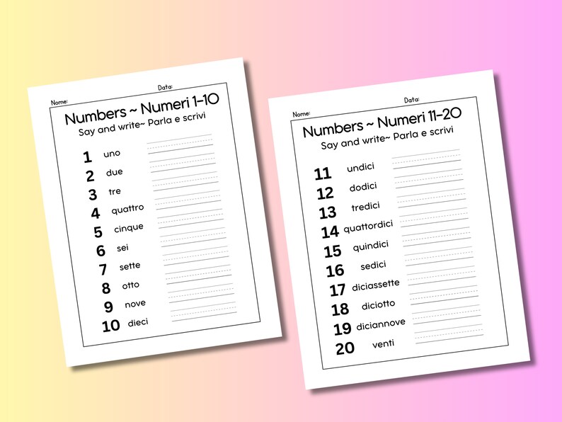 Italian Numbers Preschool + Kindergarten Worksheets| Kids Learn Numbers ...