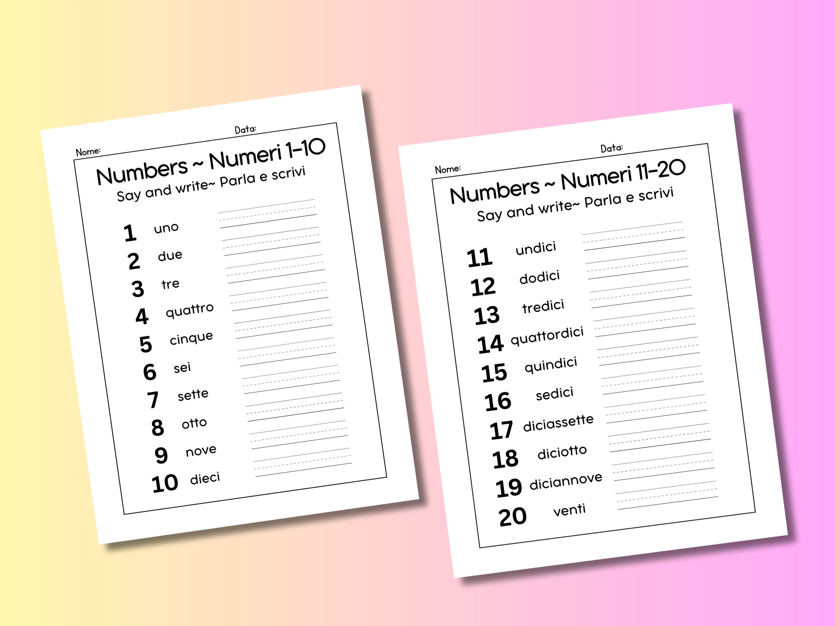 Italian Numbers Preschool + Kindergarten Worksheets| Kids Learn Numbers ...