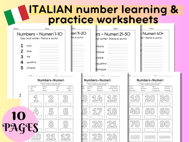 Italian Numbers Preschool + Kindergarten Worksheets| Kids Learn Numbers ...