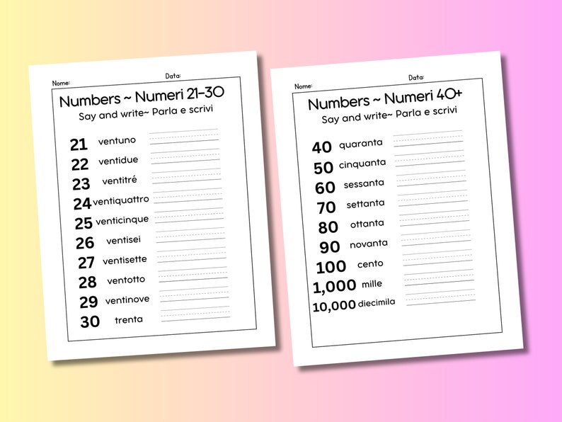 Italian Numbers Preschool + Kindergarten Worksheets| Kids Learn Numbers ...