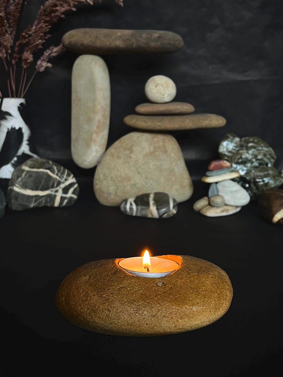 Natural Stone / Candle Holder / River Stone - Etsy